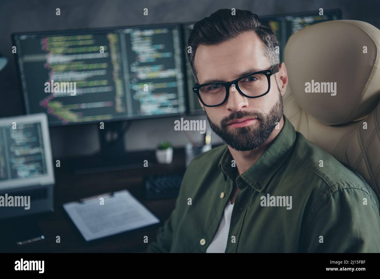 Portrait of nerd guy web content editor write hacking code password ...