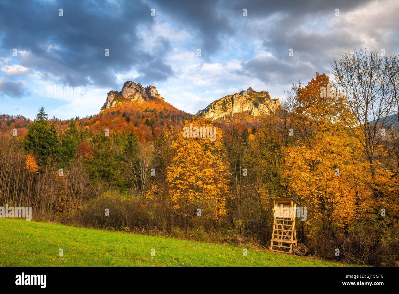 Autumn rural landscape with mountains peaks on background. The Vratna ...