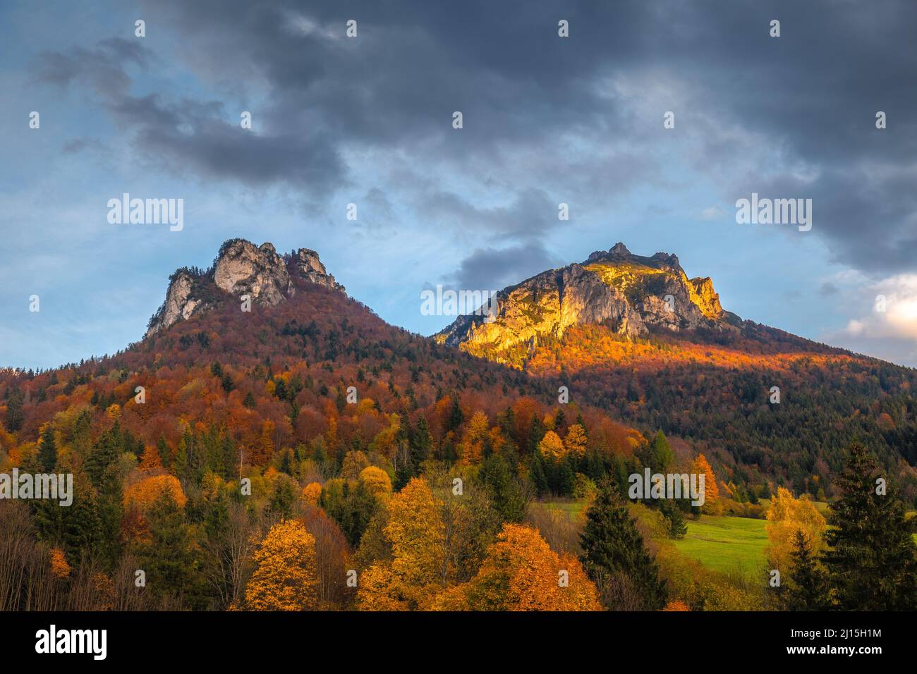 Autumn rural landscape with mountains peaks on background. The Vratna ...