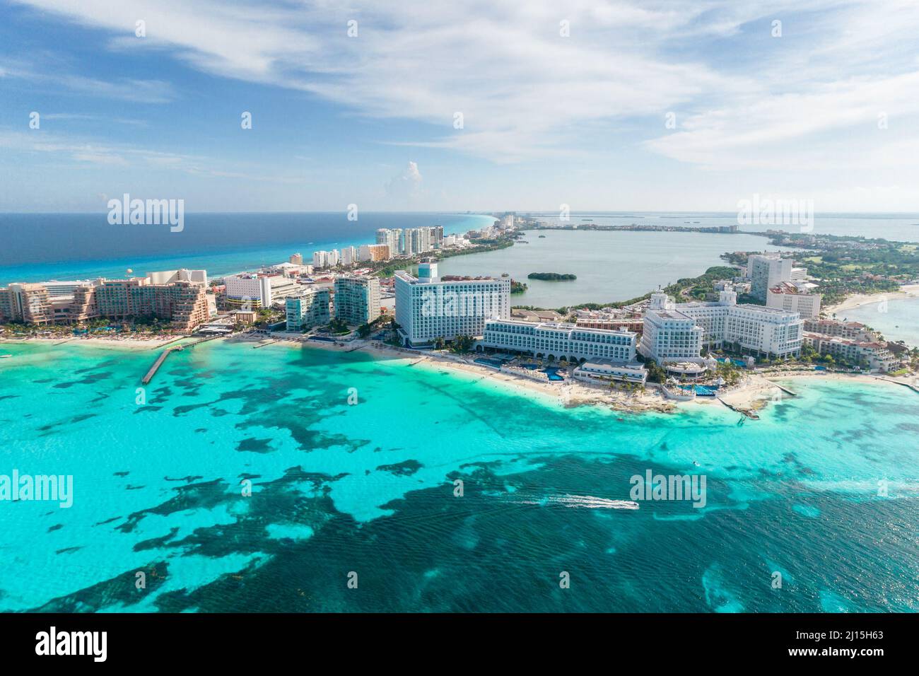 Aerial panoramic view of Cancun beach and city hotel zone in Mexico ...