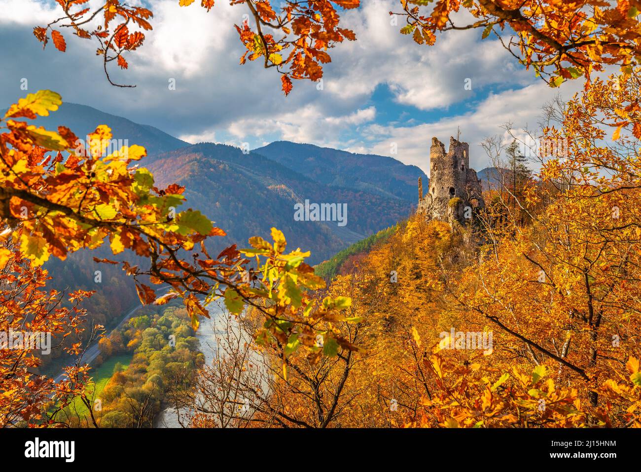Medieval castle Starhrad in the autumn mountain landscape, Slovakia ...