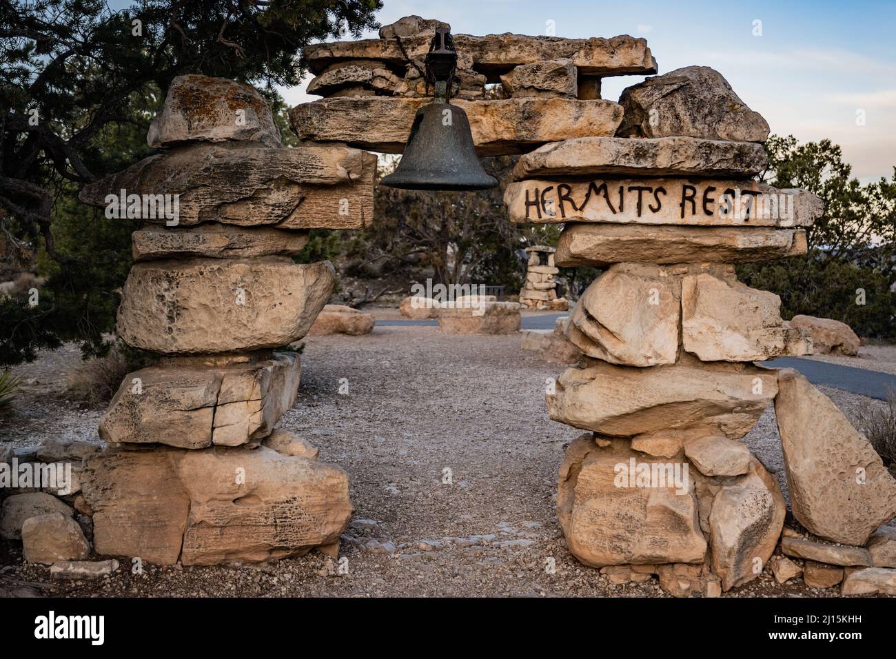 Hermits Rest Sign and Bell On Stacked Stone Arch in Grand Canyon ...