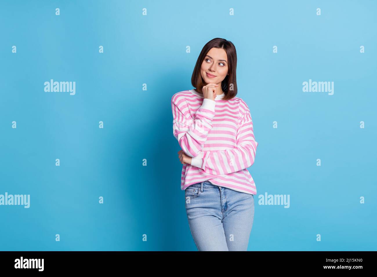 Photo of smart millennial brunette lady look promo wear shirt jeans ...