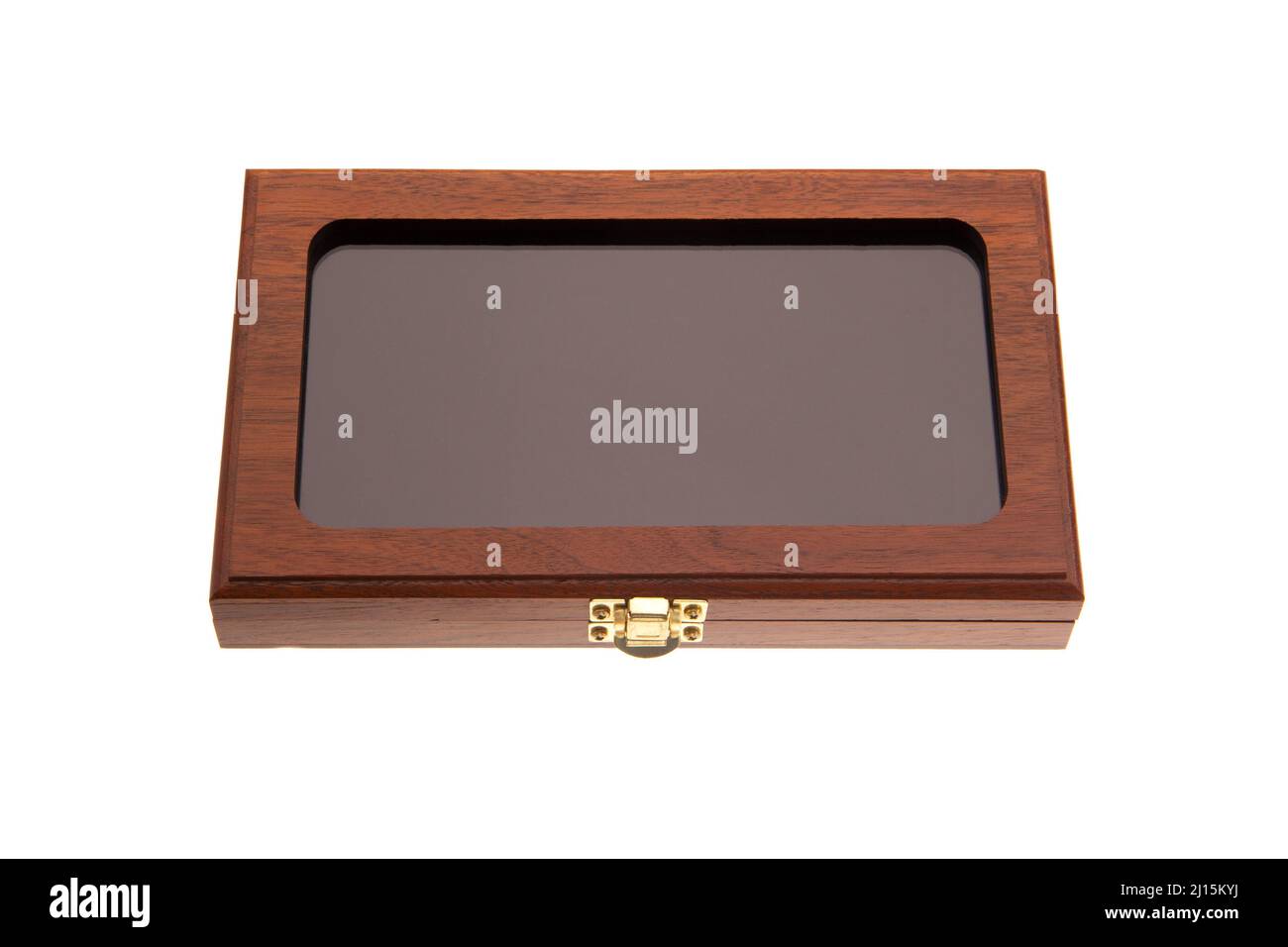 A small wooden box with a transparent glass lid and a metal latch ...