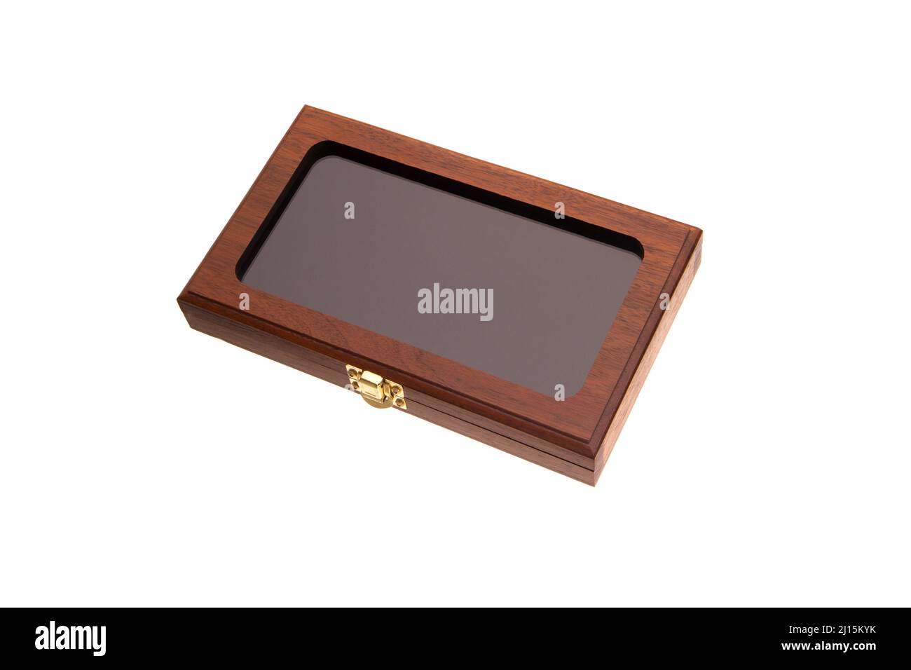 A small wooden box with a transparent glass lid and a metal latch ...