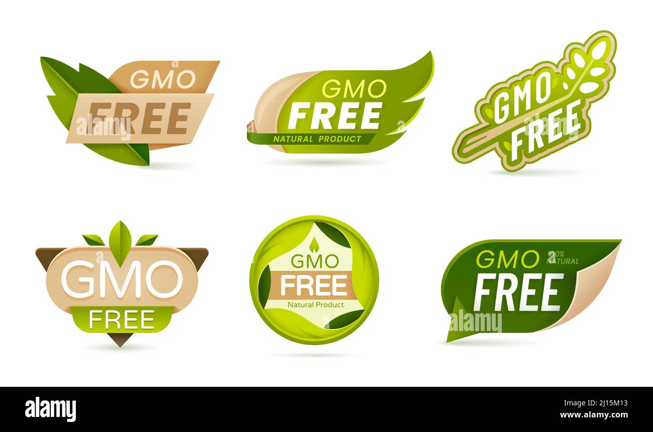 GMO free food vector icons or non genetically modified organism labels ...