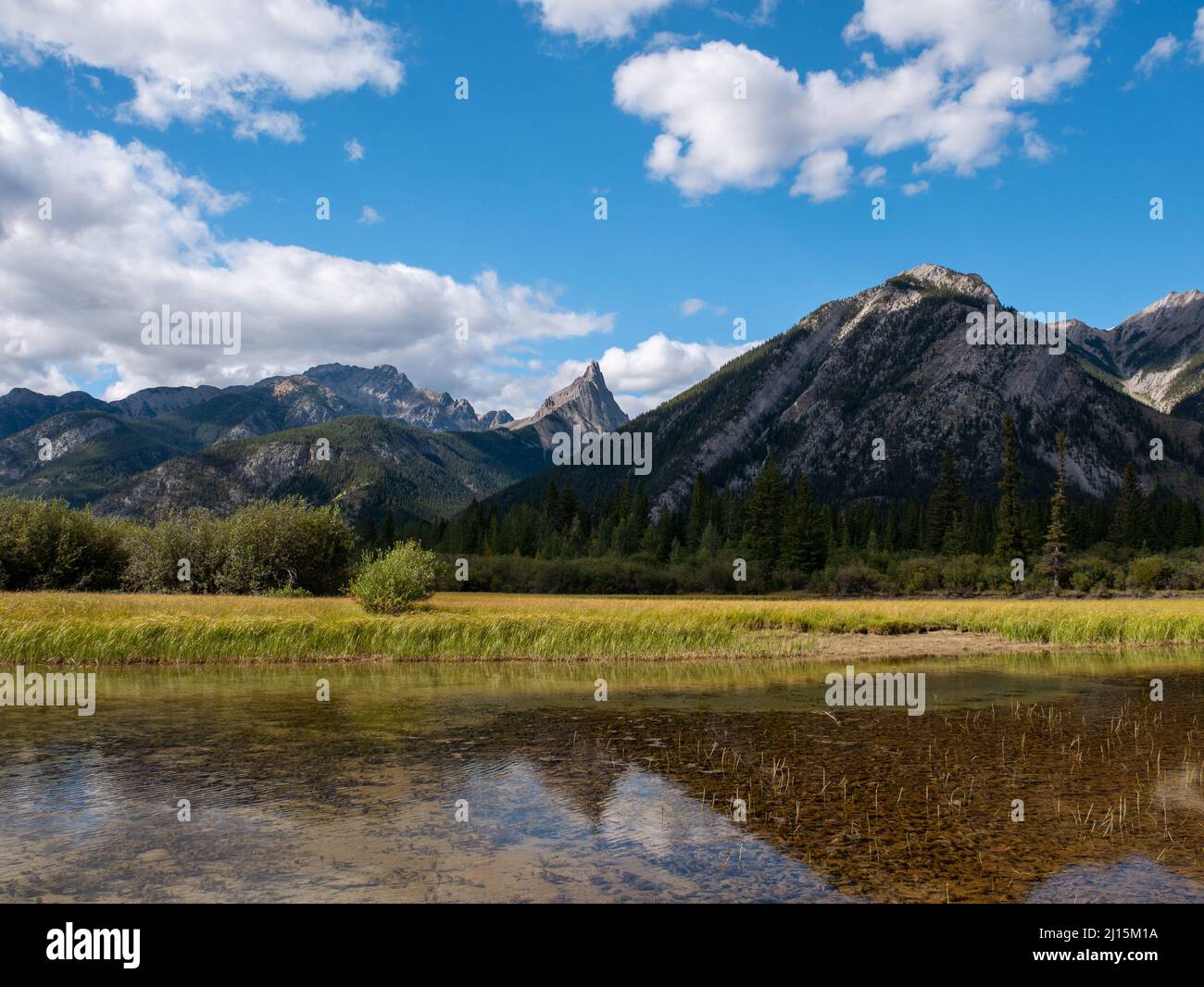 Town of Banff, Bow River Trail scenery in summer sunny day. Banff ...
