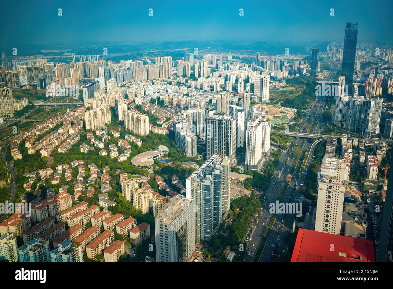 View of urban high-rise buildings in Nanning, Guangxi, China from above ...