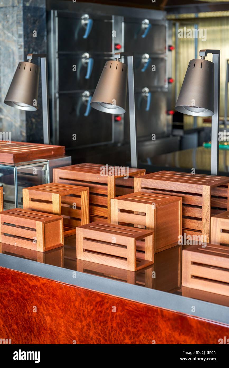 Tables for placing food in a cafeteria Stock Photo - Alamy