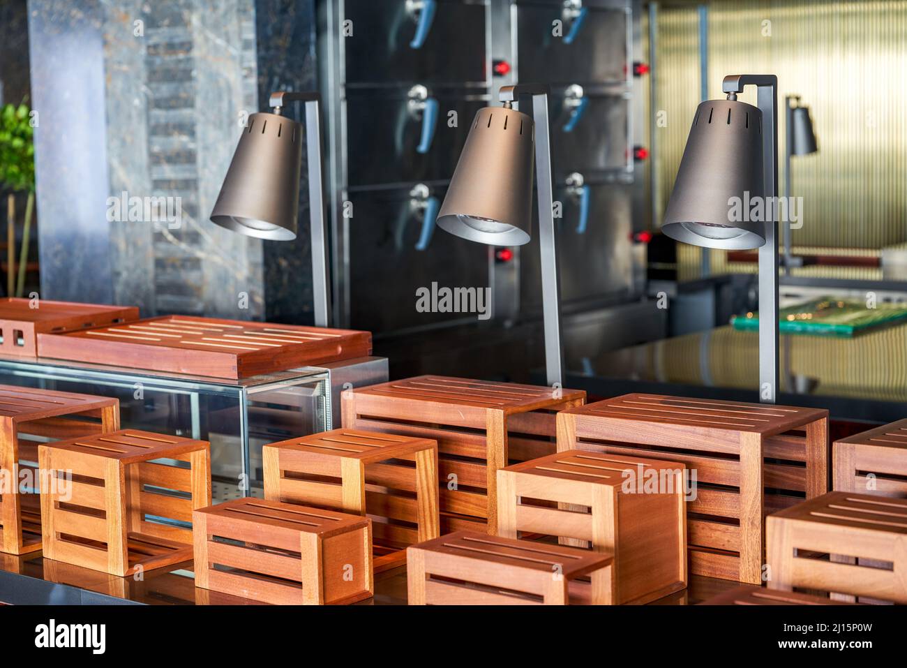 Tables for placing food in a cafeteria Stock Photo - Alamy