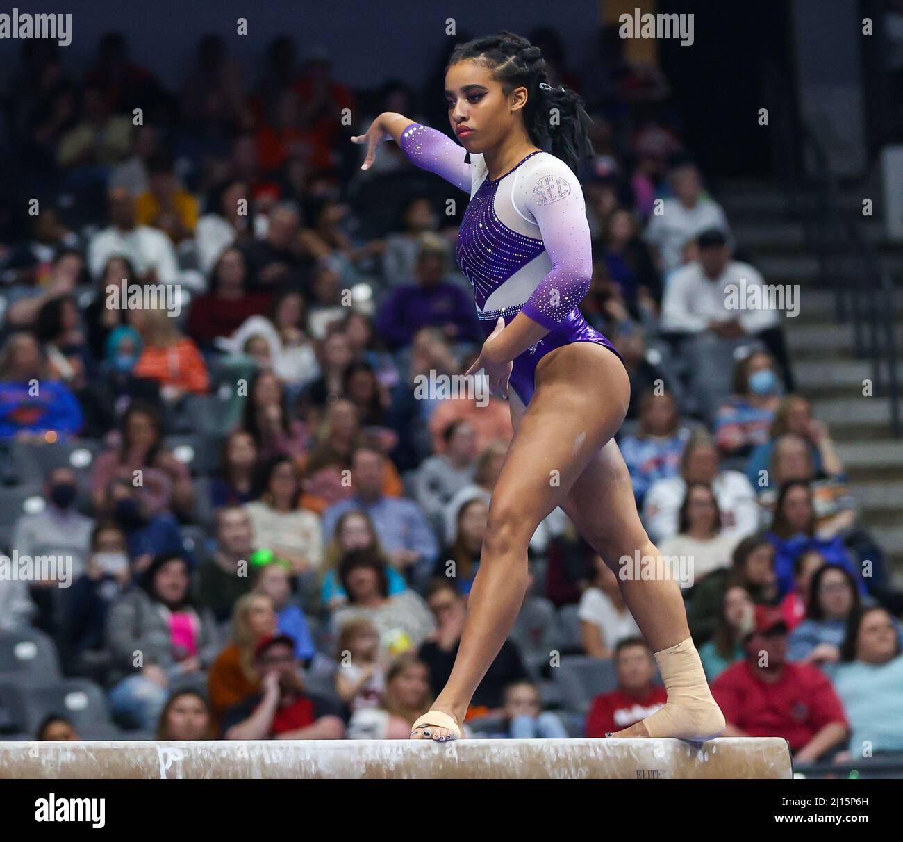 Birmingham, AL, USA. 19th Mar, 2022. LSU's Kai Rivers on the balance ...