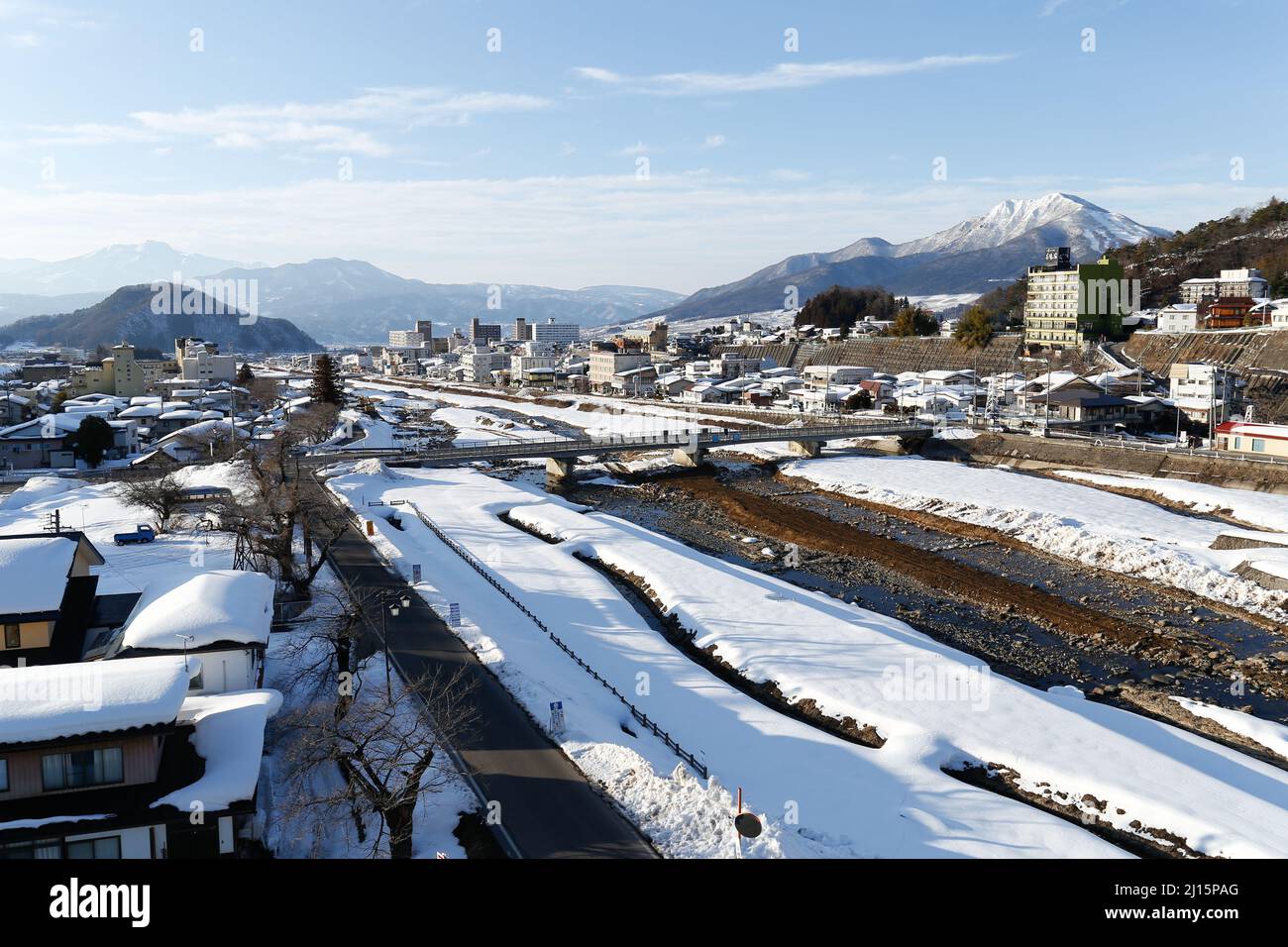 Yudanaka, Nagano, Japan, 2022/22/01 , View of Yomase river and the city ...