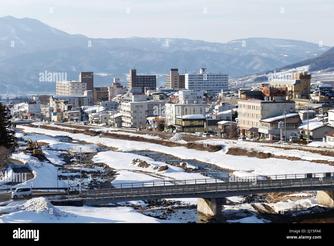 Yudanaka, Nagano, Japan, 2022/22/01 , View of Yomase river and the city ...