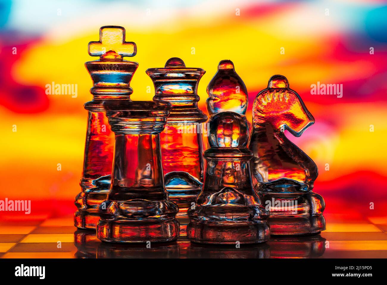 Glass chess pieces, king, queen, knight, bishop, rook and pawn Stock ...