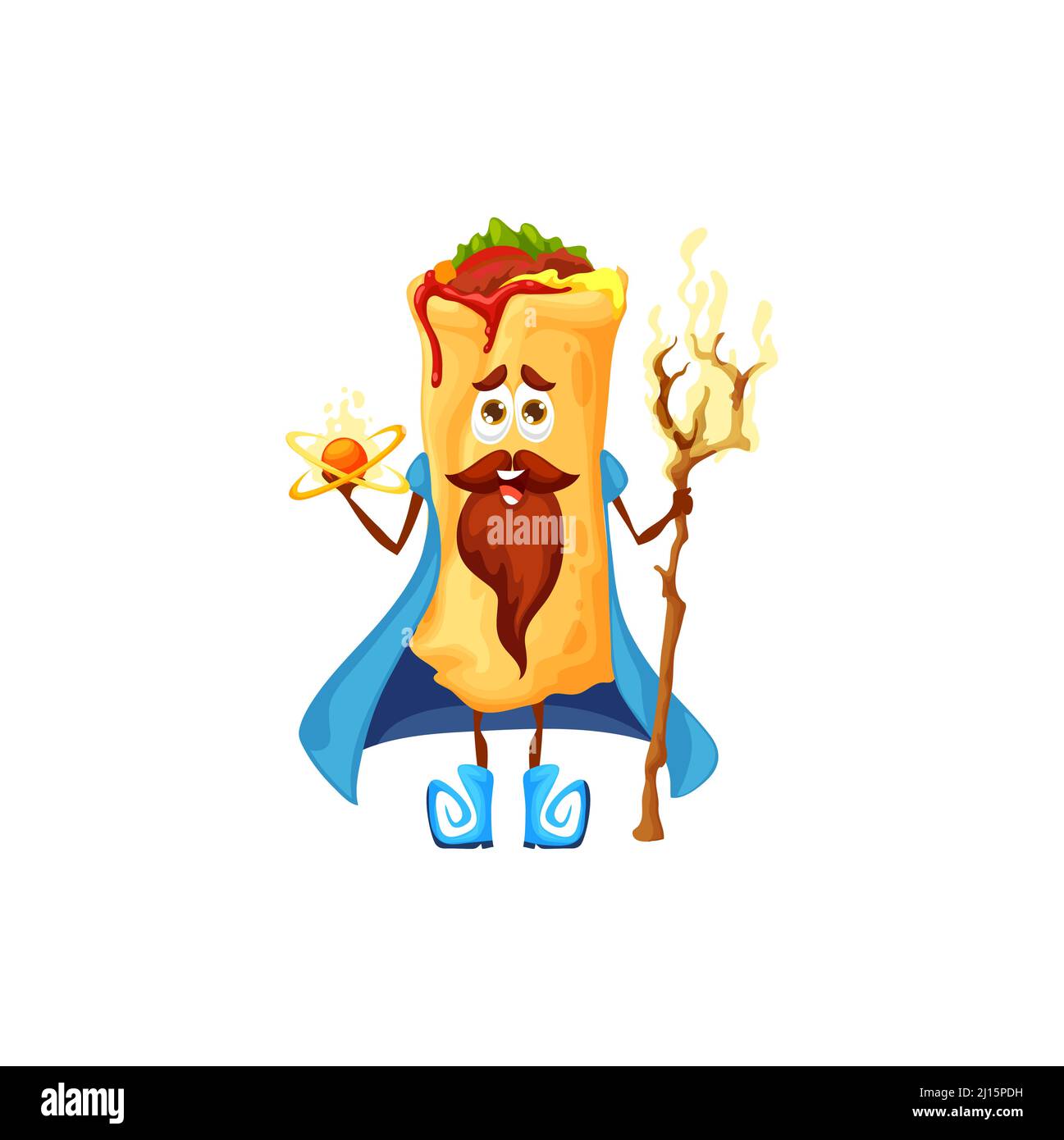 Cartoon Mexican burrito magician character with magic staff. Vector ...