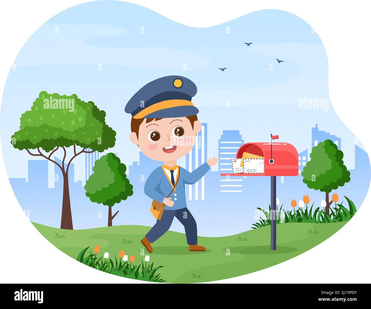 Postman Cartoon Vector Illustration Wearing a Uniform Carrying a ...