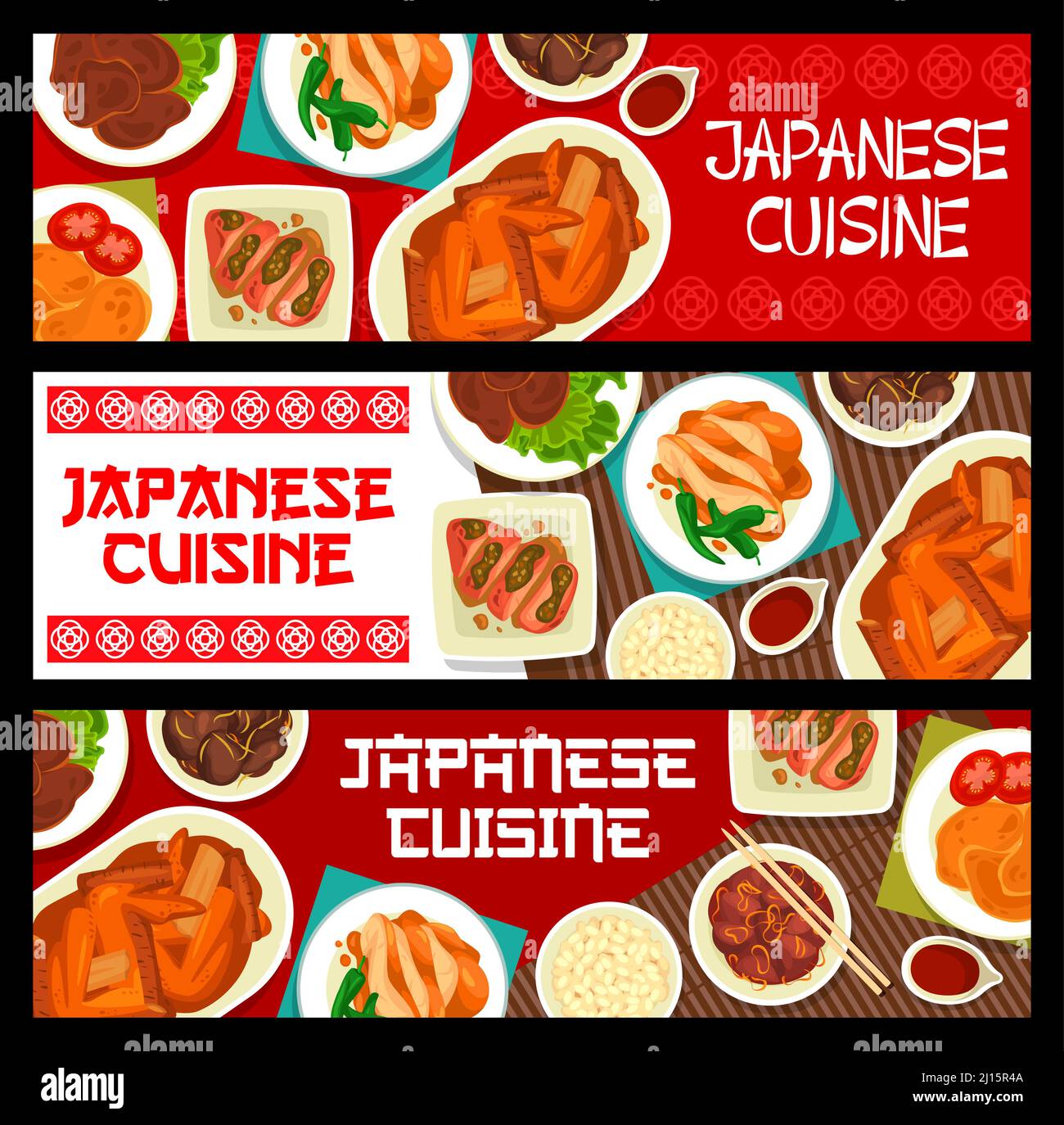 Japanese food restaurant meals banners. Pork with ginger, Teriyaki ...