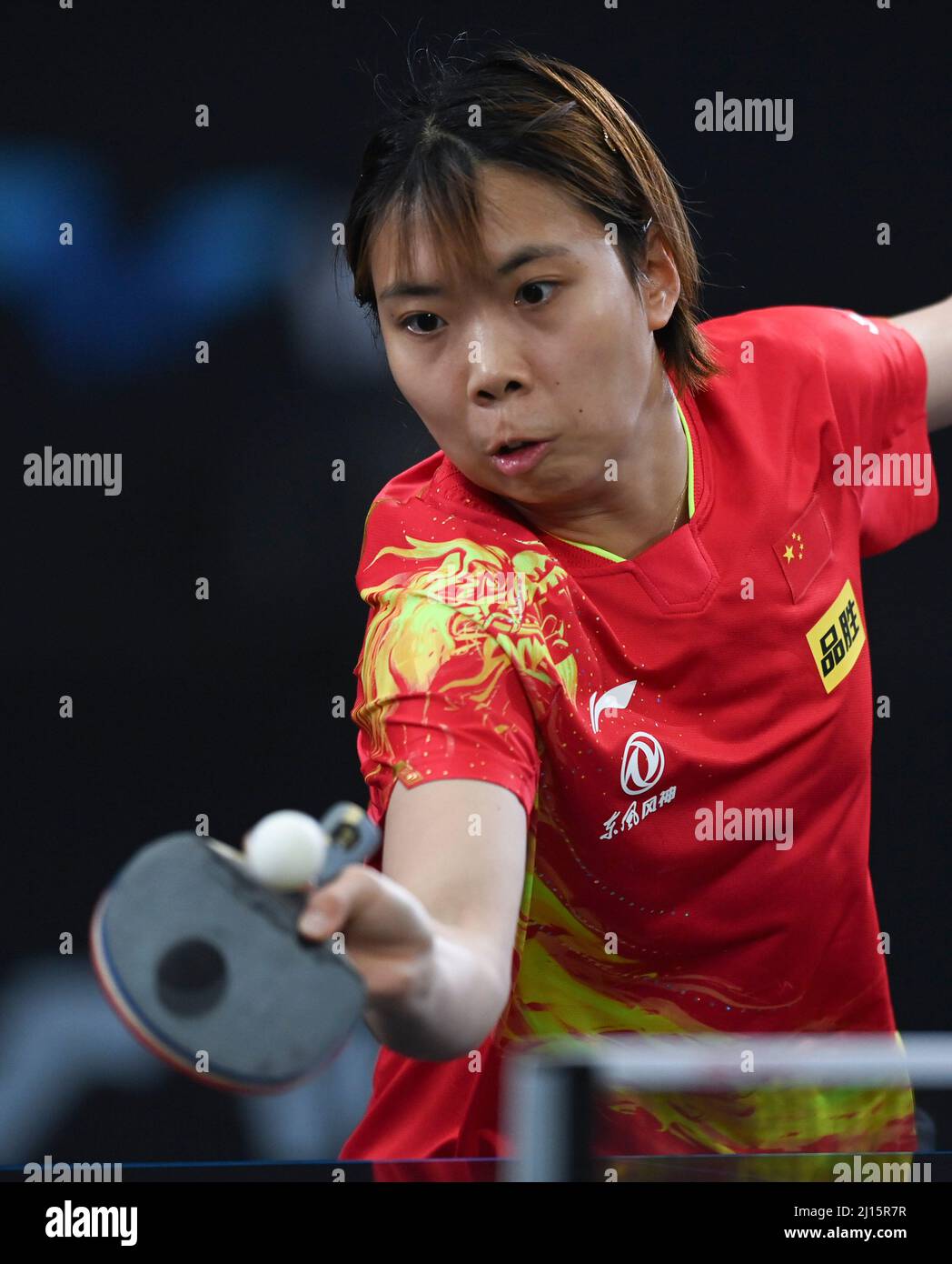 Doha, Qatar. 22nd Mar, 2022. Qi Fei of China competes during the women ...