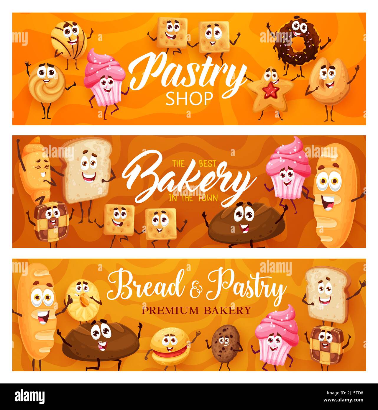 Cartoon Bakery Pastry Cakes And Cookies Characters Vector Bread Food