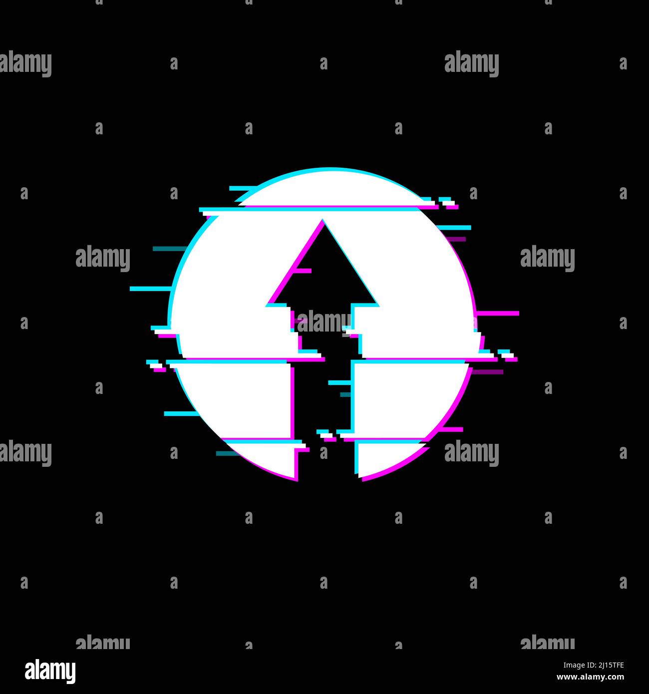 Up arrow button with glitched effect in digital noise circle isolated ...