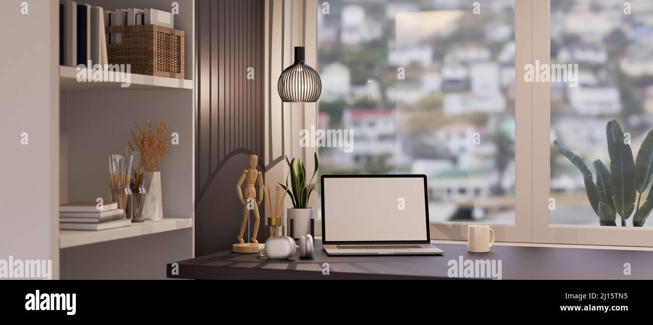 Close-up image, Modern luxury home working space with portable laptop ...