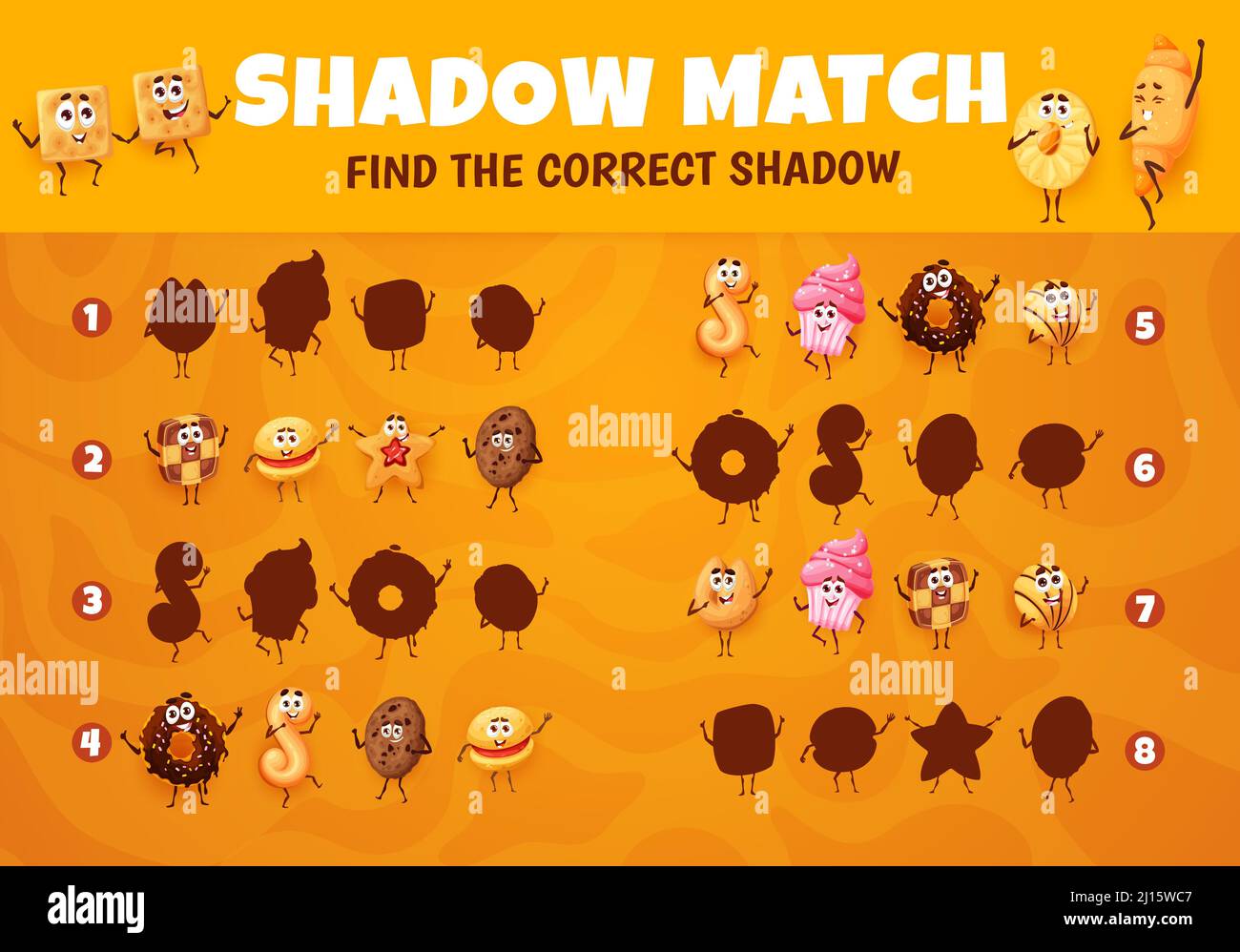 Cartoon cookies, desserts and bakery characters on shadow match game ...