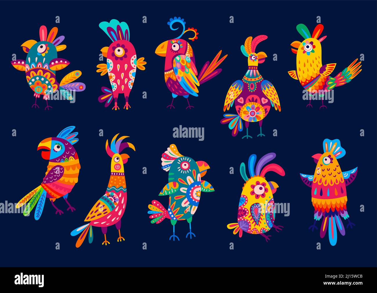 Colorful brazilian and mexican parrot birds, vector alebrije paper ...