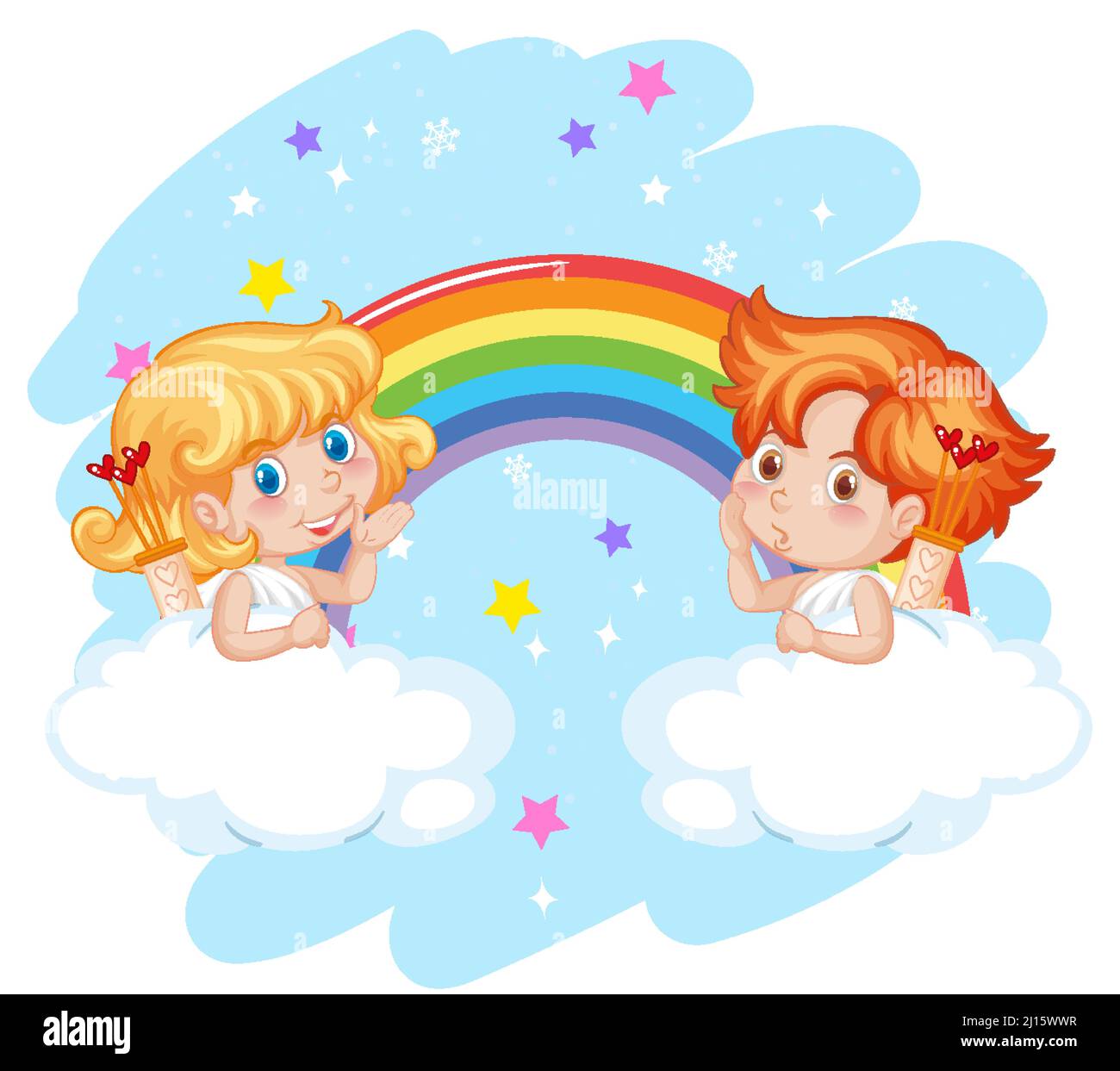 Angel boy and girl with rainbow in cartoon style illustration Stock ...