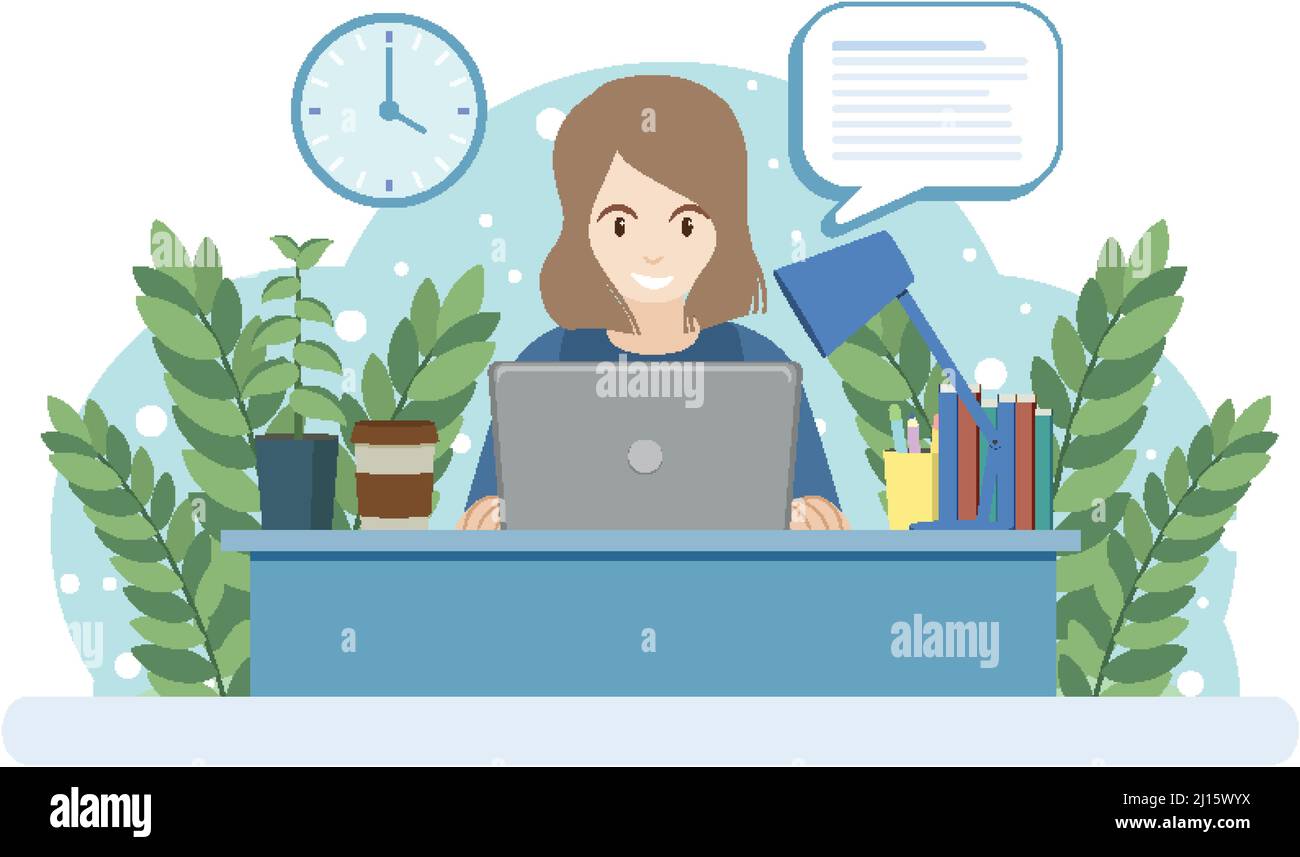 Woman working on computer on the desk illustration Stock Vector Image ...