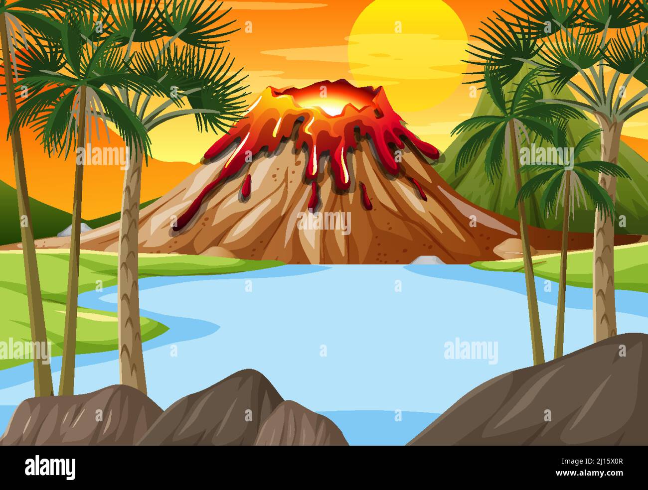 Scene with river and volcano illustration Stock Vector Image & Art - Alamy