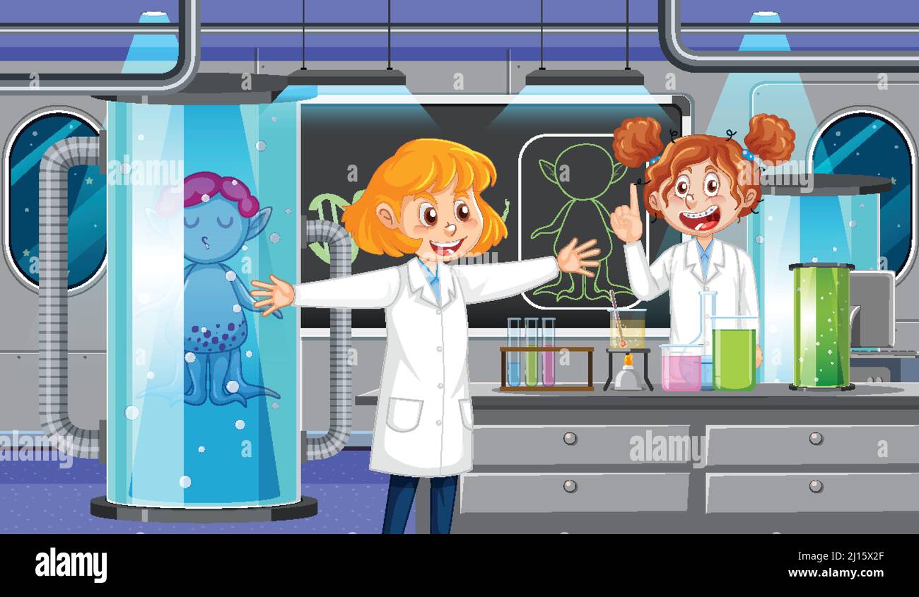 Science laboratory for chemical experiments with scientist illustration ...