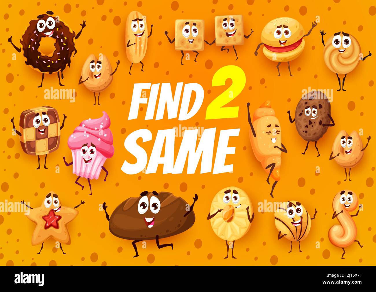 Cartoon bakery, pastry, cakes and cookies, find two same personages ...