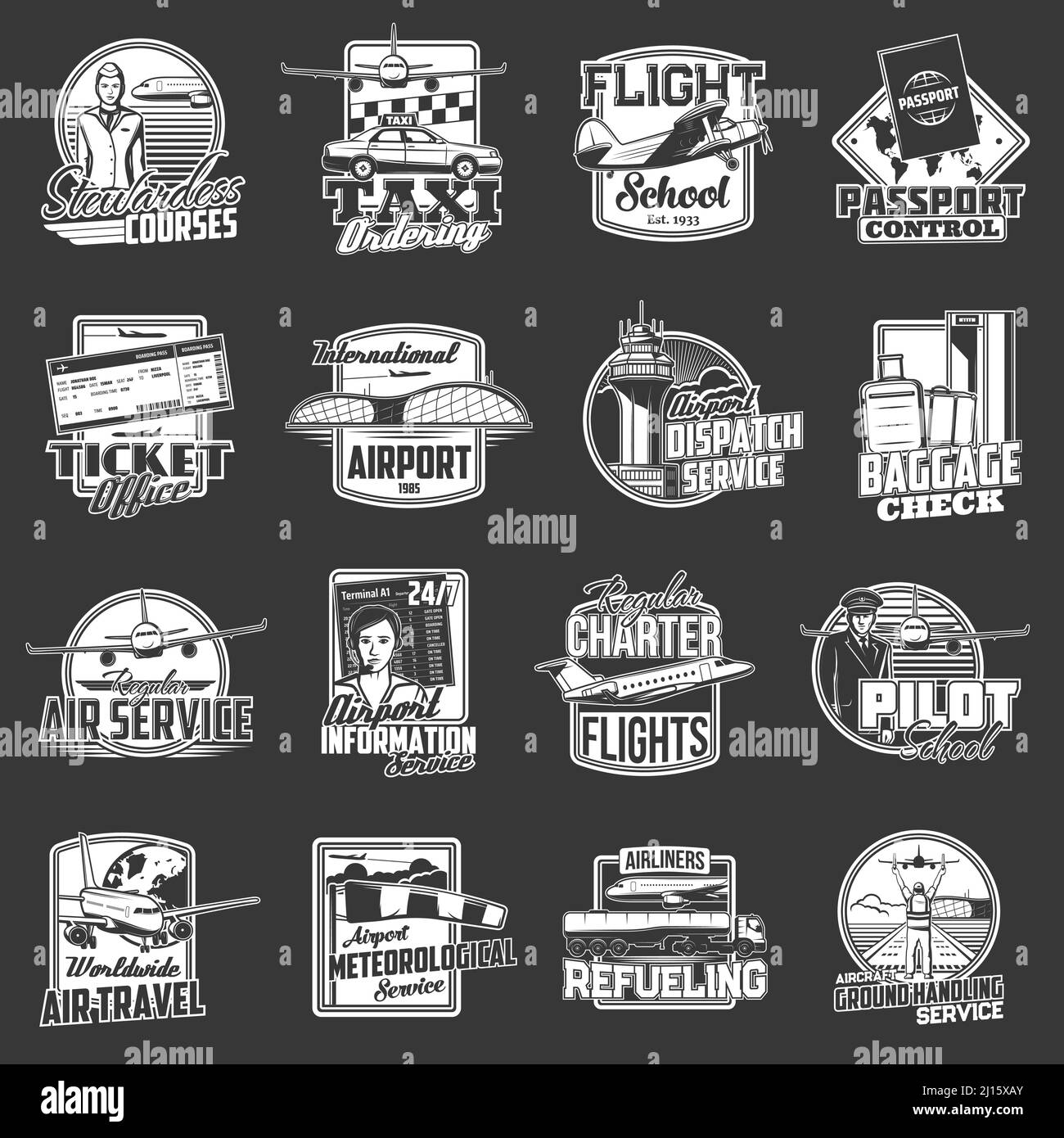 Airport and aviation vector icons. Regular flights and stewardess ...