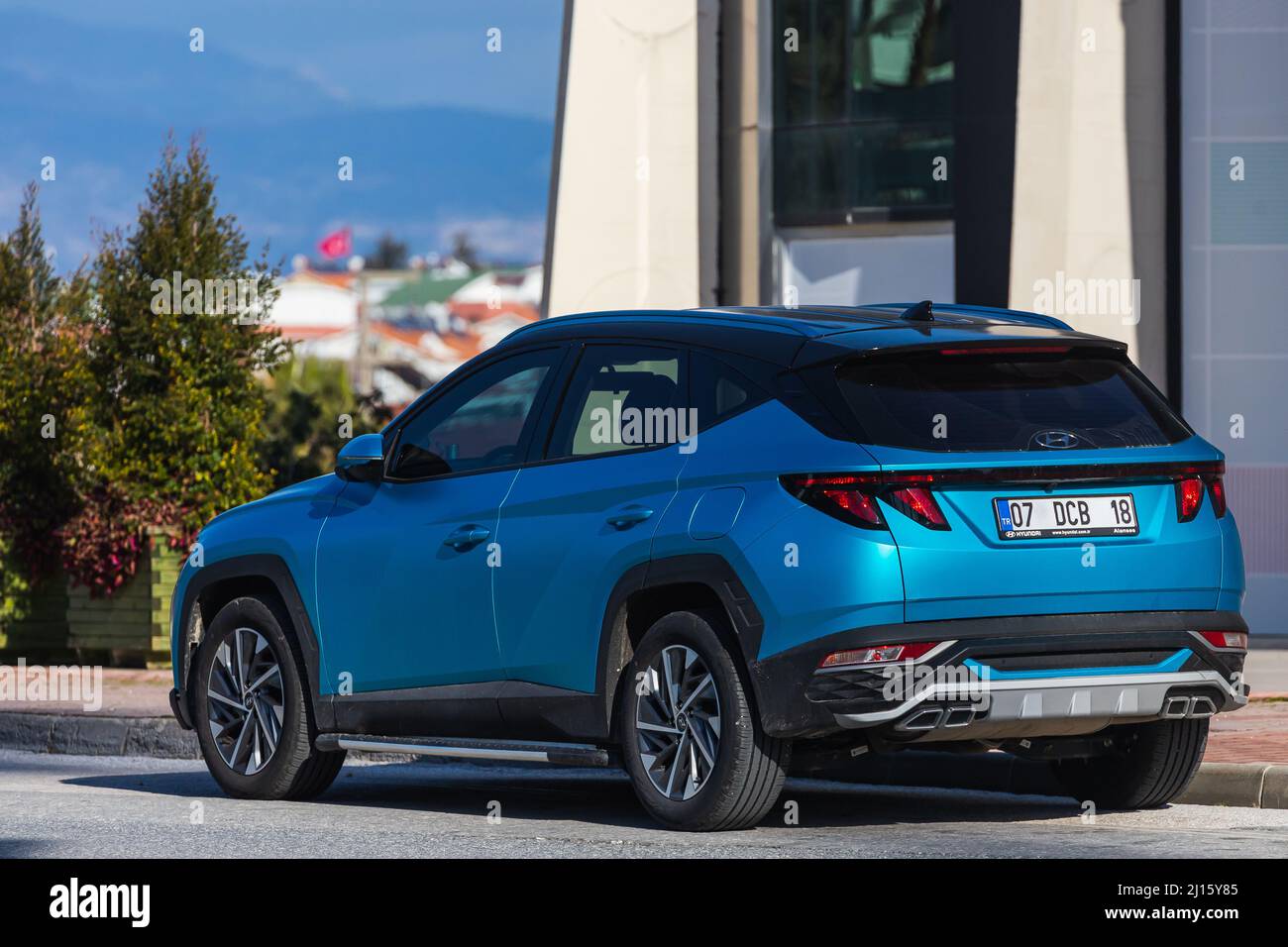 Side; Turkey – March 01 2022: blue Hyundai Tucson is parked on the ...