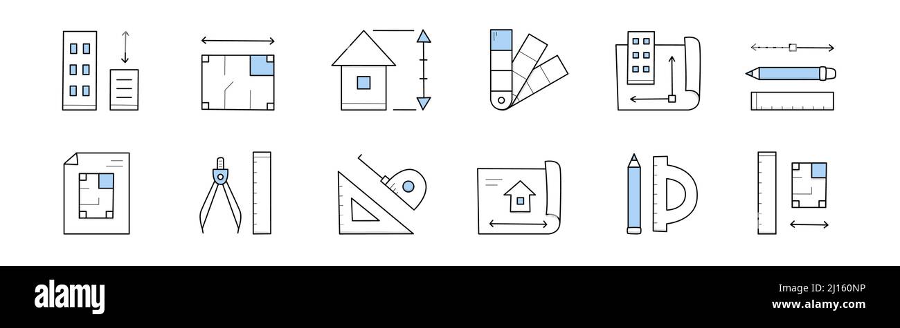 Architecture Icons With House Project Blueprint Building Construction Plan Measure Tools