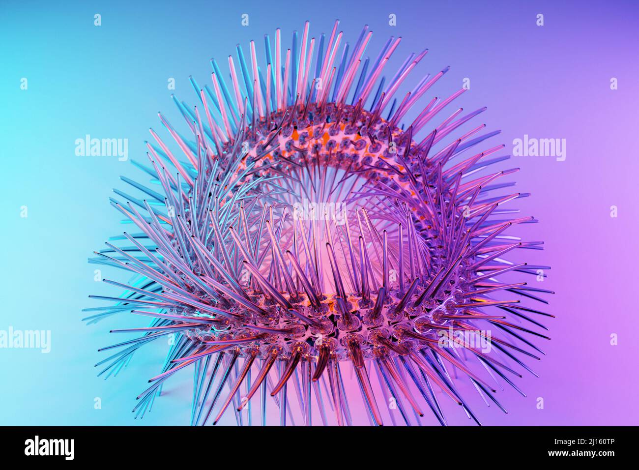 3D rendering abstract metal round fractal, portal with spikes under ...