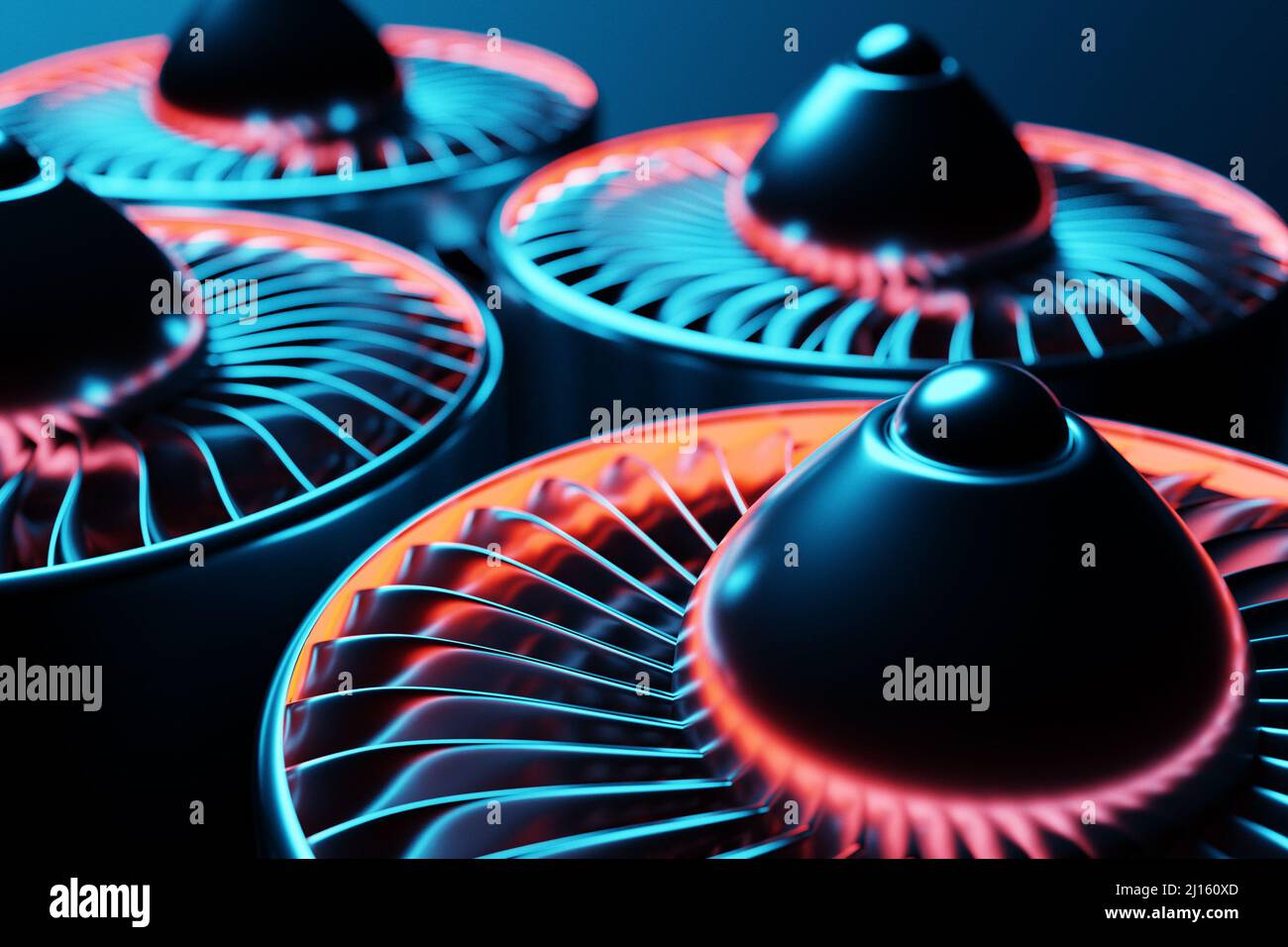 3D rendering future engine rocket turbine technology under blue and ...