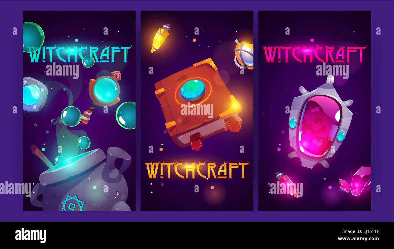 Witchcraft posters with magic amulets, mirror, book of spell, cauldron ...