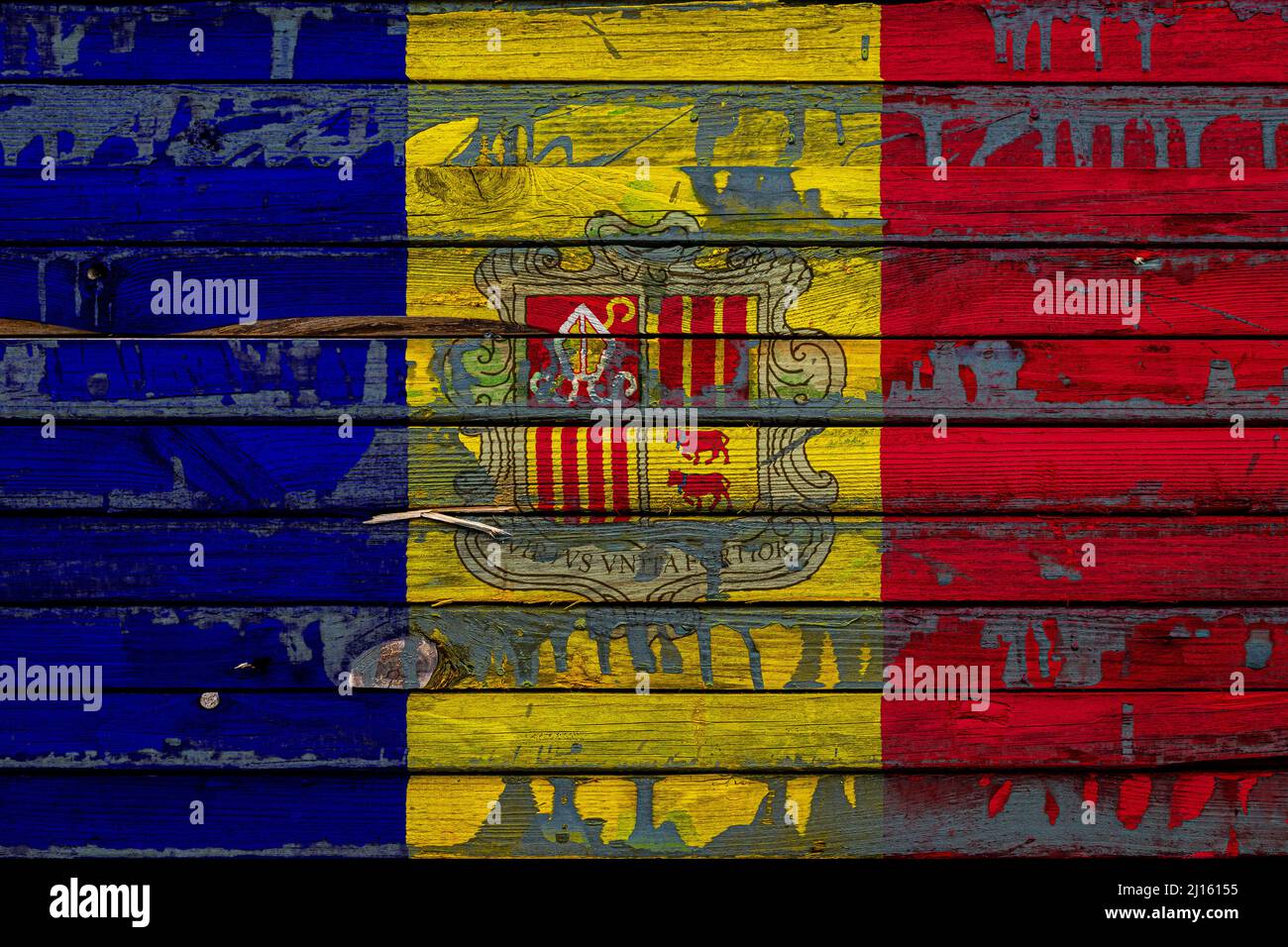 The national flag of Andorra is painted on uneven boards. Country ...