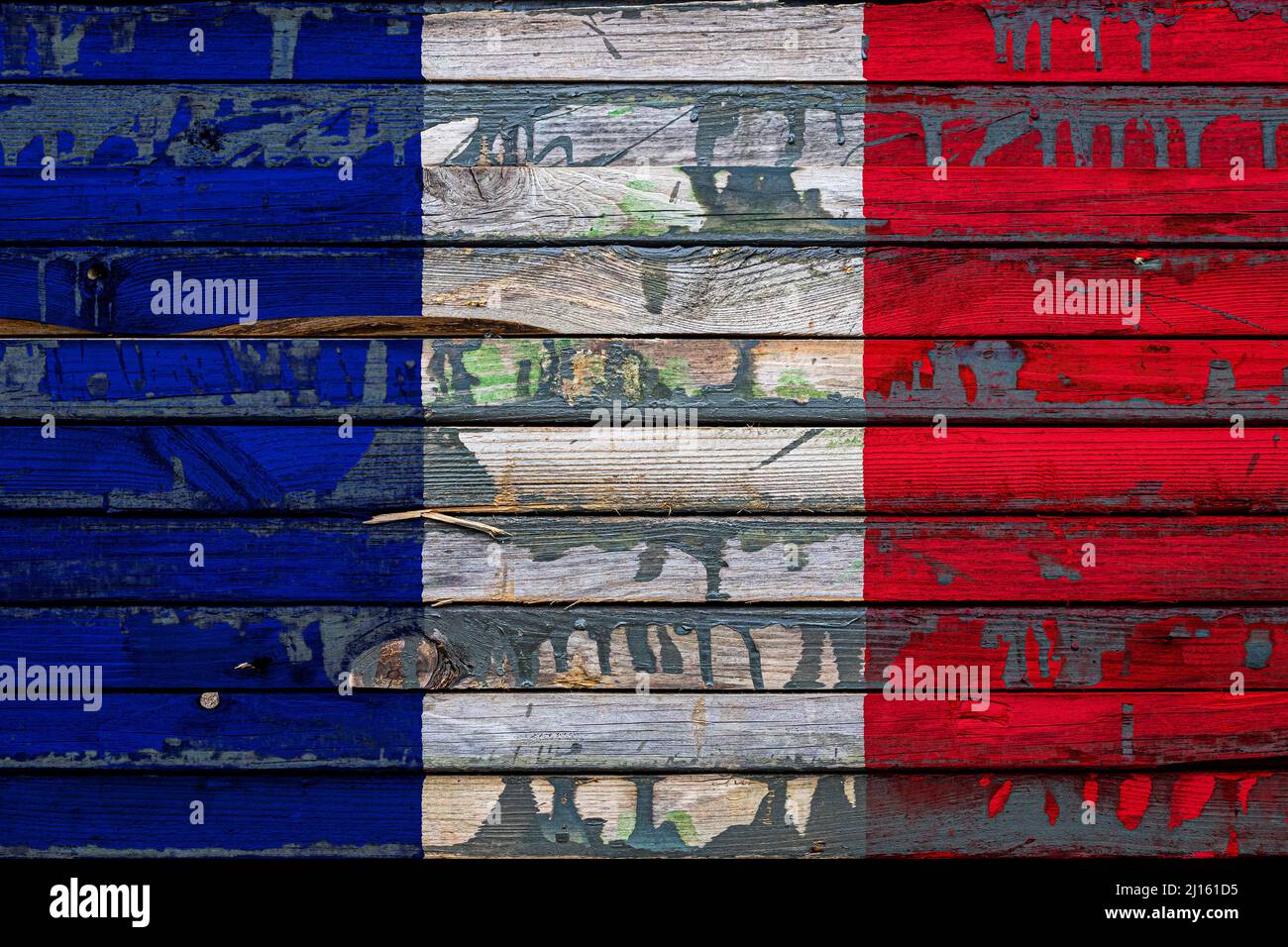 The national flag of France is painted on uneven boards. Country symbol ...