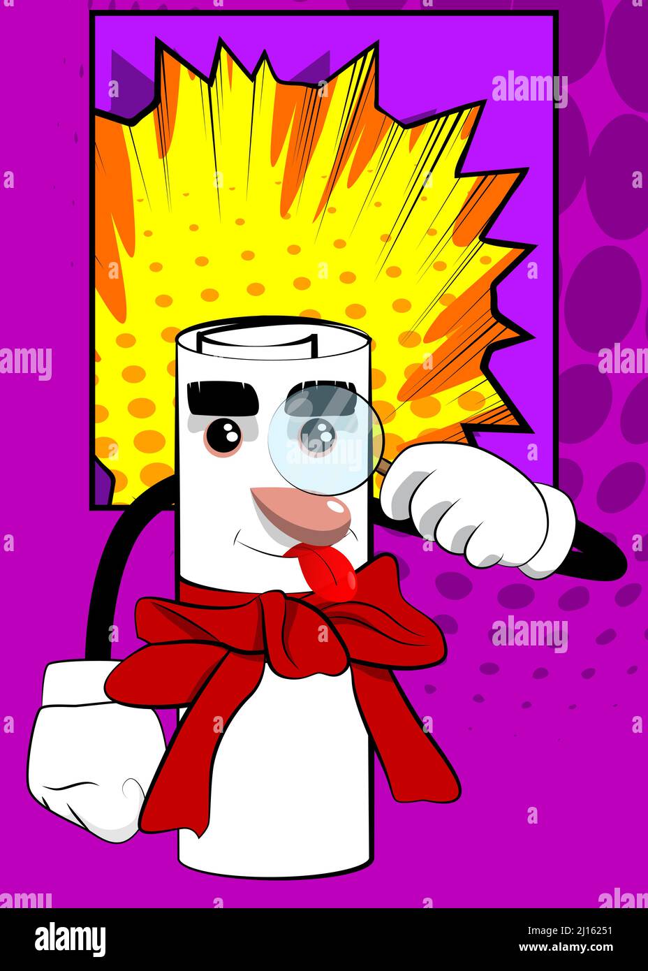 Rolled paper with red ribbon as a diploma holding a magnifying glass ...