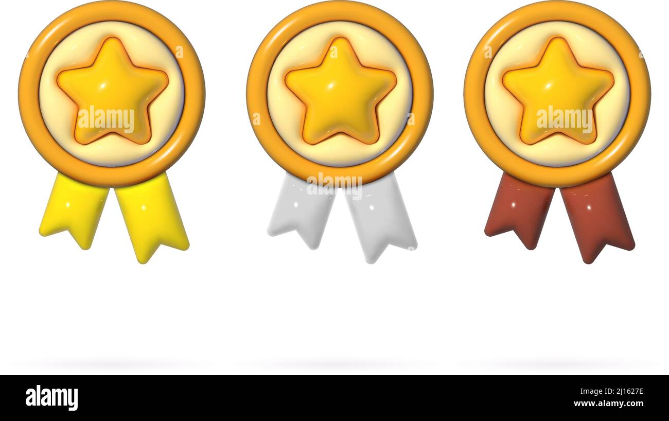 Winner 3 places medals with ribbon in 3d cartoon style. Award rosette ...