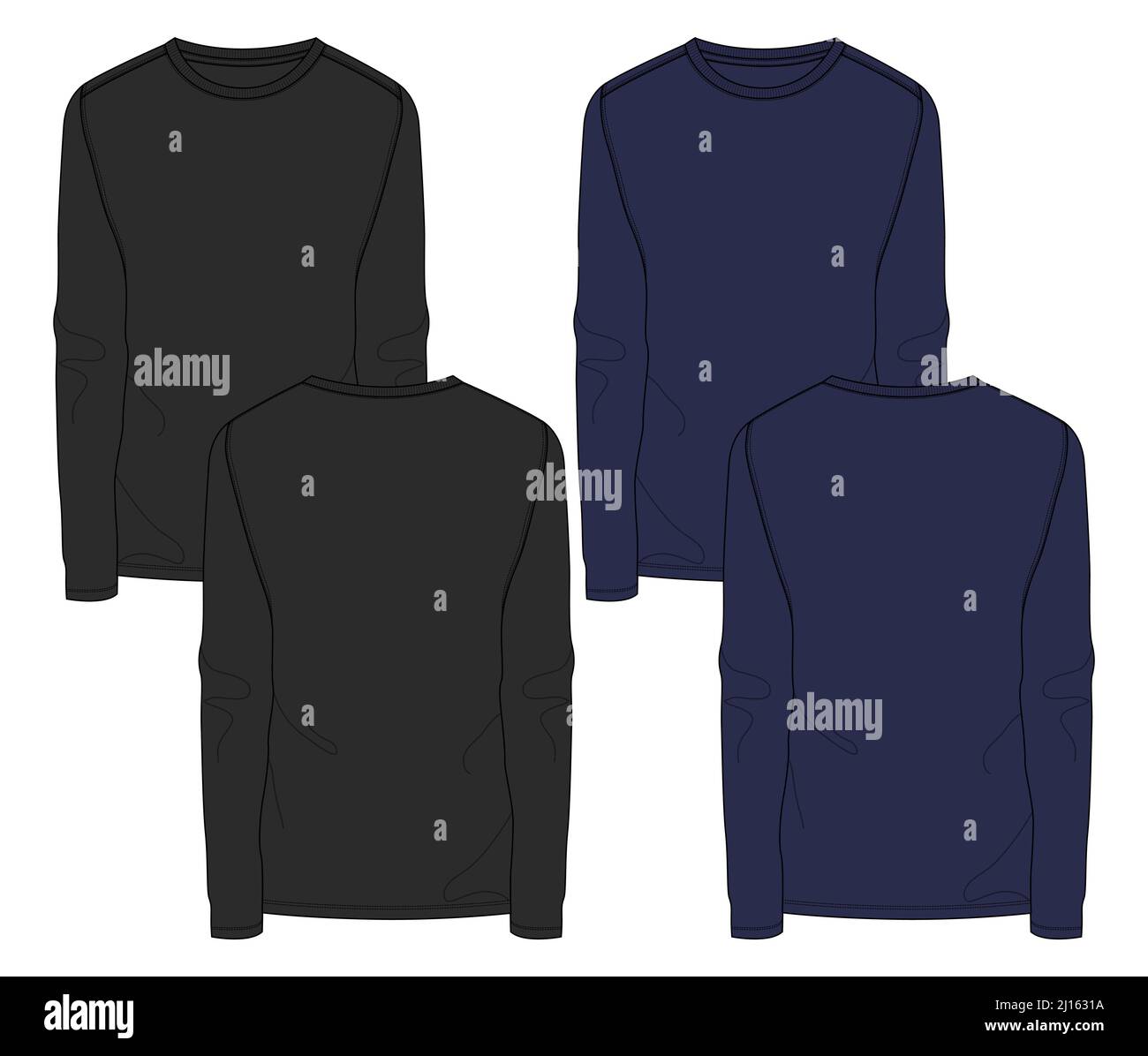 Long sleeve slim fit t-shirt technical fashion flat sketch template. Cotton jersey apparel ...