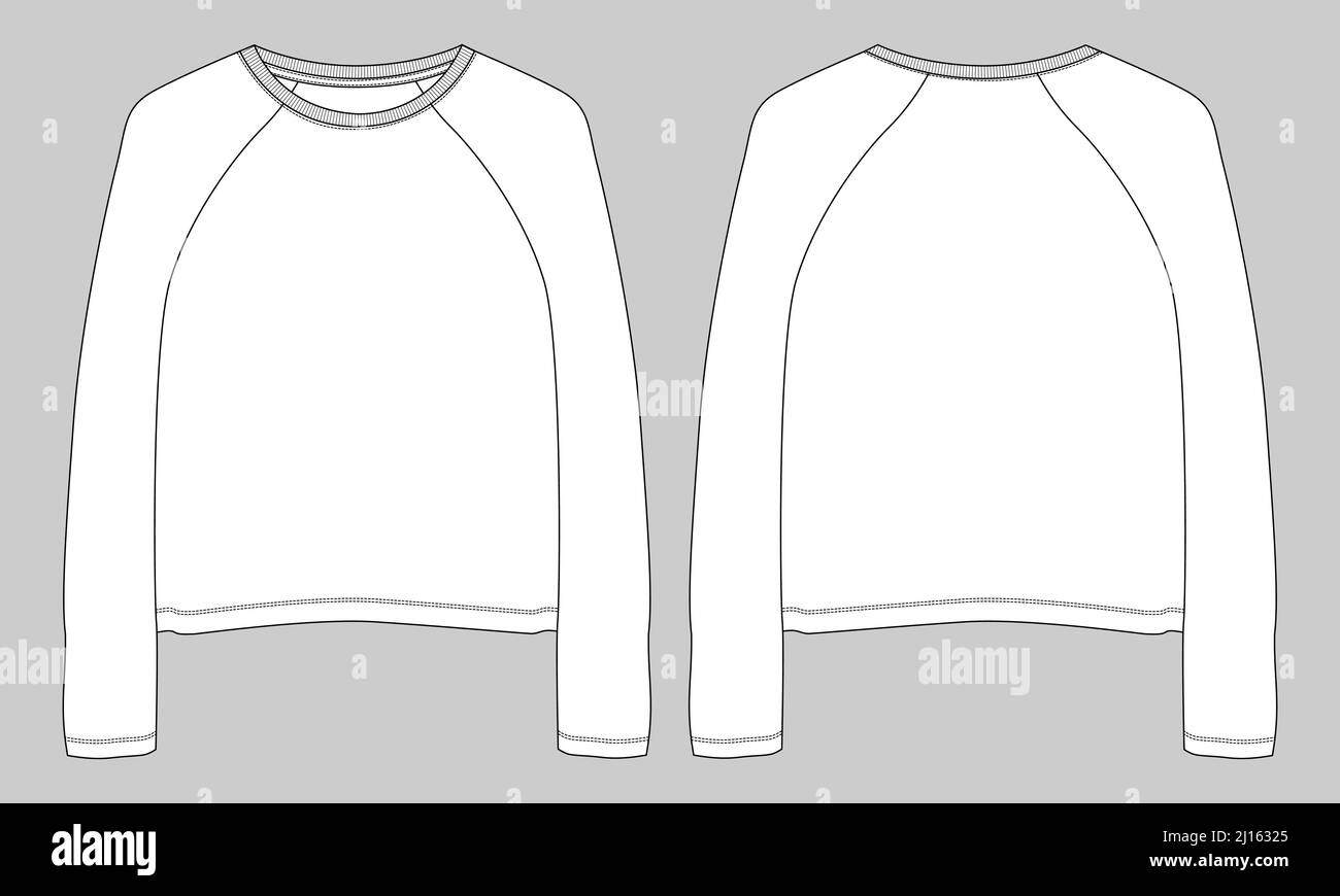 Relax fit Long Sleeve T-Shirt overall technical Fashion Flat Sketch vector template for Women's ...