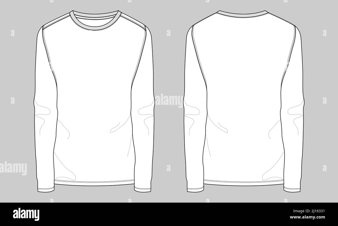 Long sleeve with round style bottom basic t shirt technical fashion flat sketch vector template ...