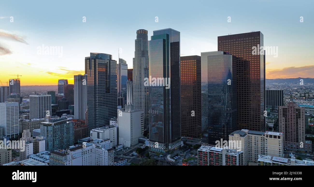 Sunset over Los Angeles downtown. Los Angels downtown skyline ...
