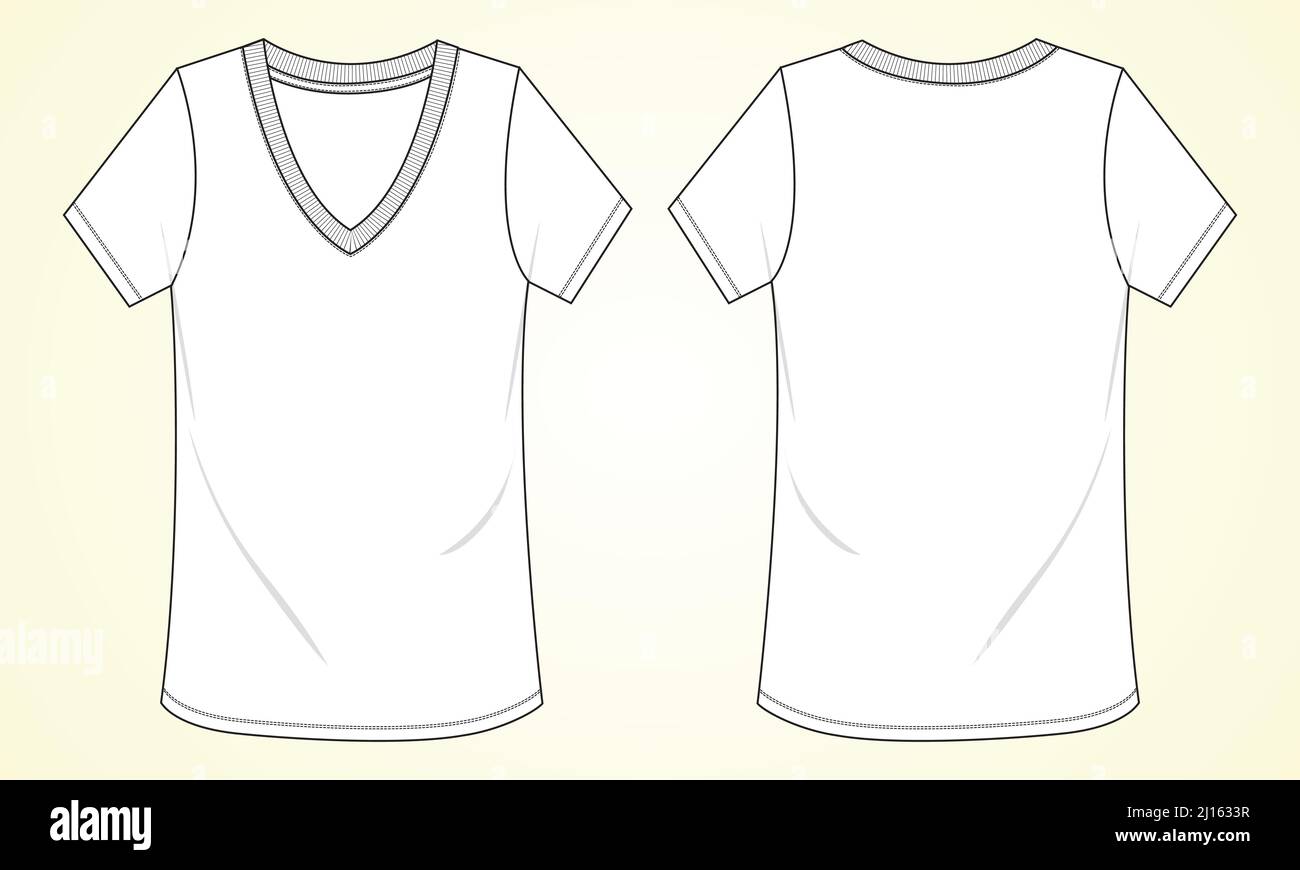 V-neck short sleeve t-shirt Technical sketch vector template for women ...