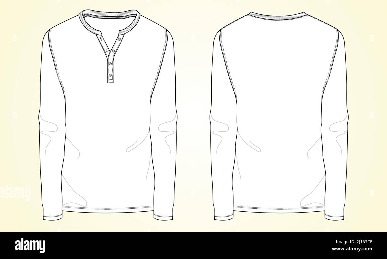 Long sleeve with round style bottom basic t shirt technical fashion flat sketch vector template ...