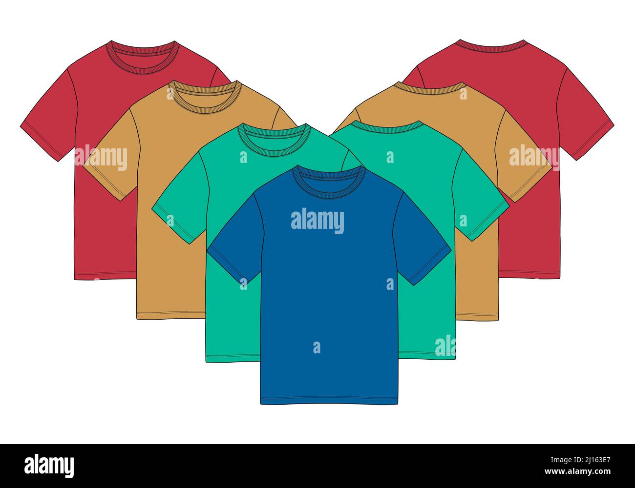 Multi color Short sleeve T-shirt vector template front and back view ...