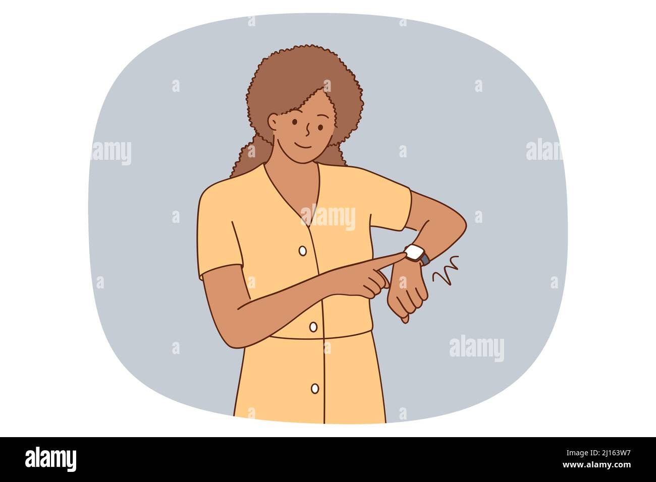 Smiling woman look at smartwatch on hand. Happy African American girl ...
